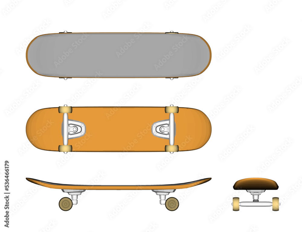 Skateboard top view, side view, front view and back view with realistic ...