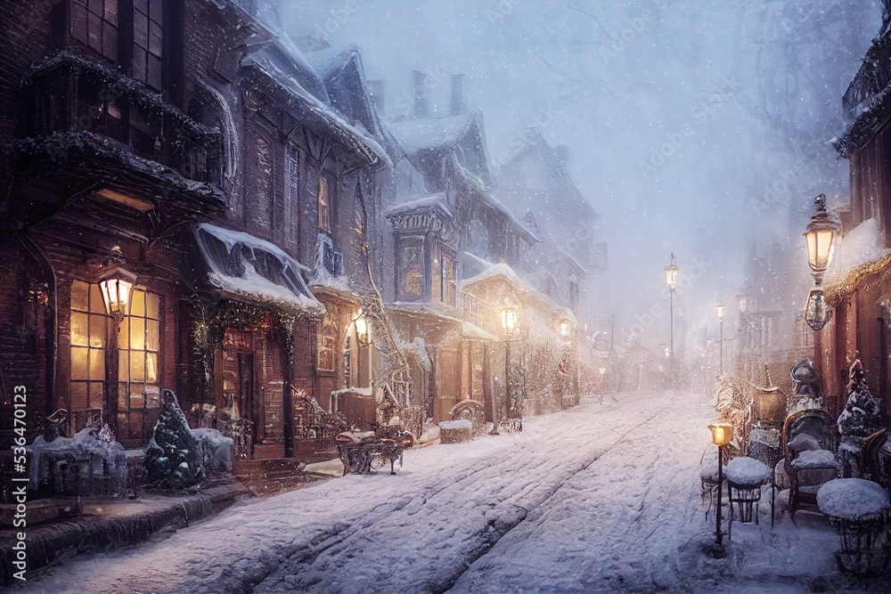 Snowy street with Christmas trees and lights Stock Illustration | Adobe ...