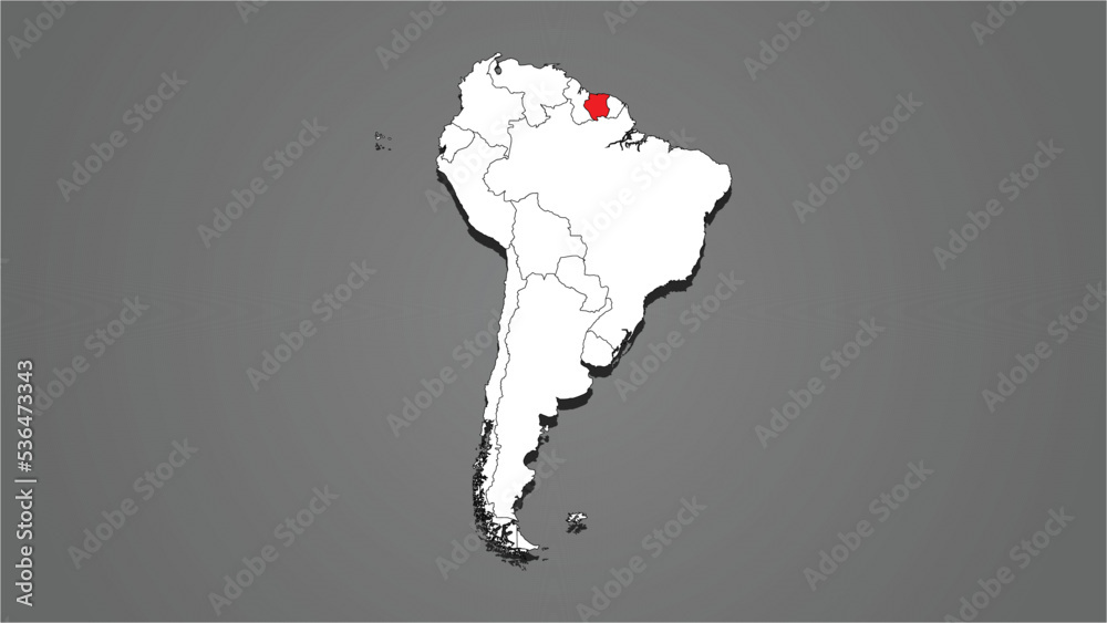 Suriname country or nation map highlighted in red on the south America ...