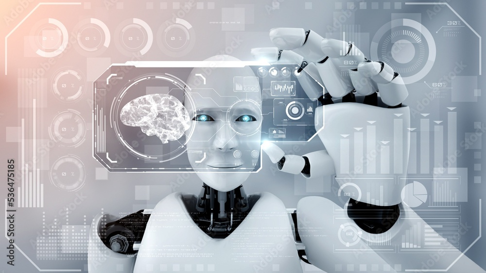 Robot hominoid hold HUD hologram screen in concept of AI thinking brain ...