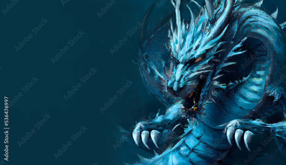 Blue dragon fantasy portrait watercolor. Digital art style ...