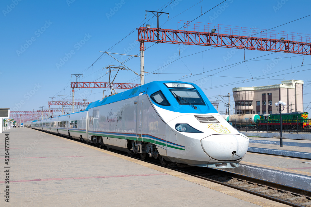 BUKHARA, UZBEKISTAN - SEPTEMBER 08, 2022: High-speed train of Talgo 250 ...