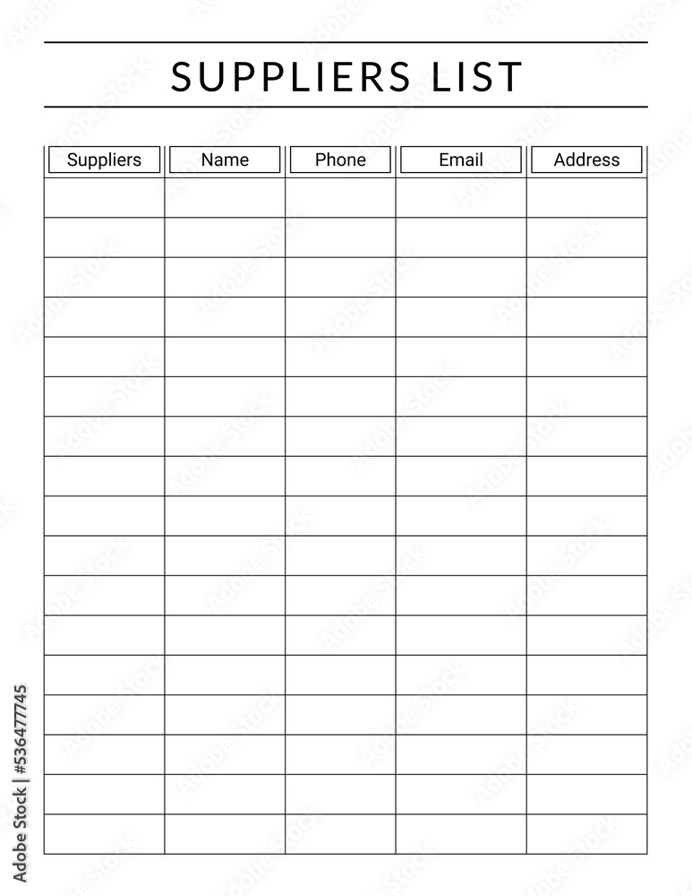 Printable Suppliers List Template. Minimal & Simple Suppliers List ...