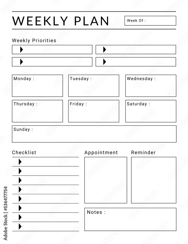 Printable Weekly Planner Template. Minimal & Simple Weekly Planner. Black & white Weekly Planner ...