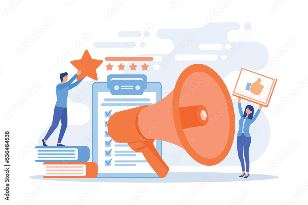 Megaphone and businessmen rate with stars and thumb up icons. Rank and ...