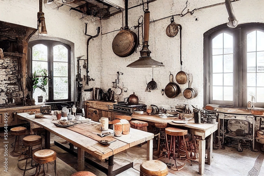 rustic adobe kitchen interior design with white brick wall Stock ...