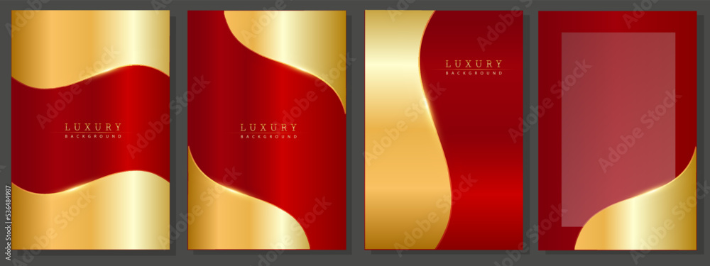 Luxury red and gold cover set. Elegant template wavy shapes with a glow ...