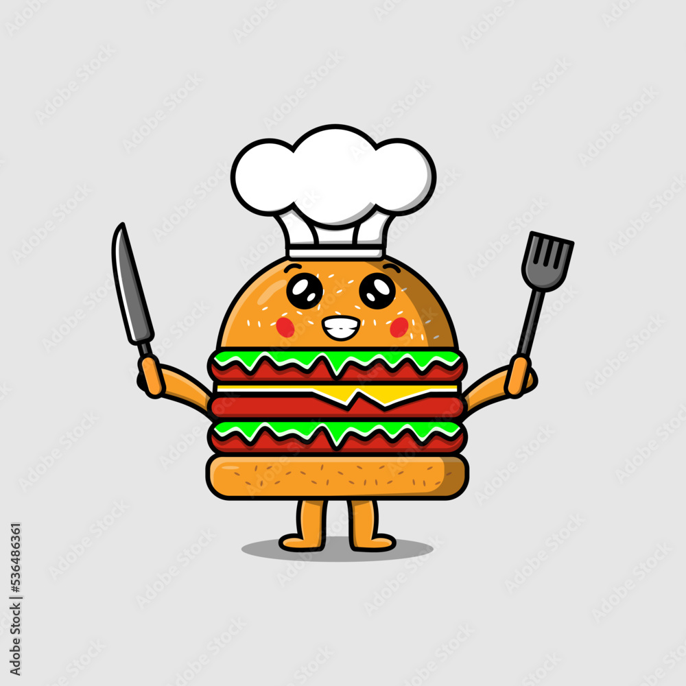Cute cartoon Burger chef character holding knife and fork in flat ...