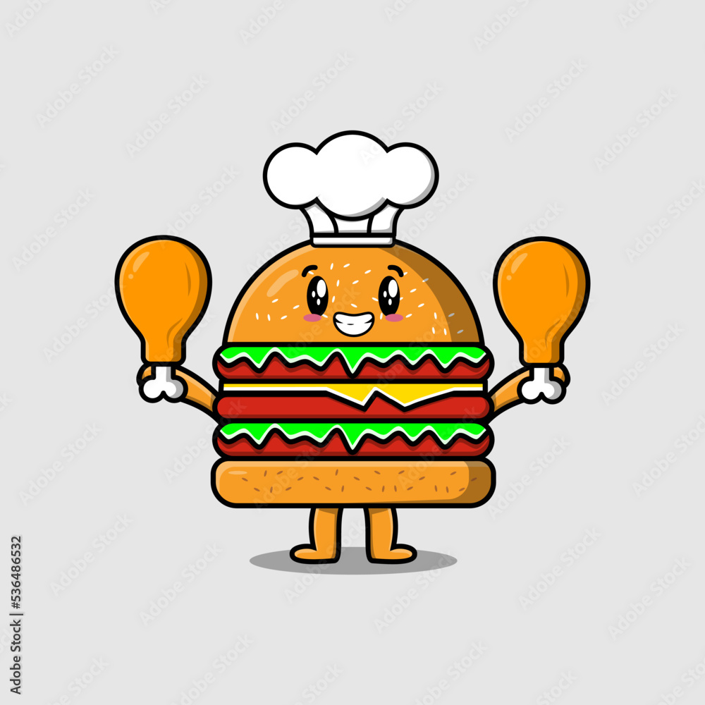 Cute cartoon Burger chef character holding two chicken thighs in flat ...