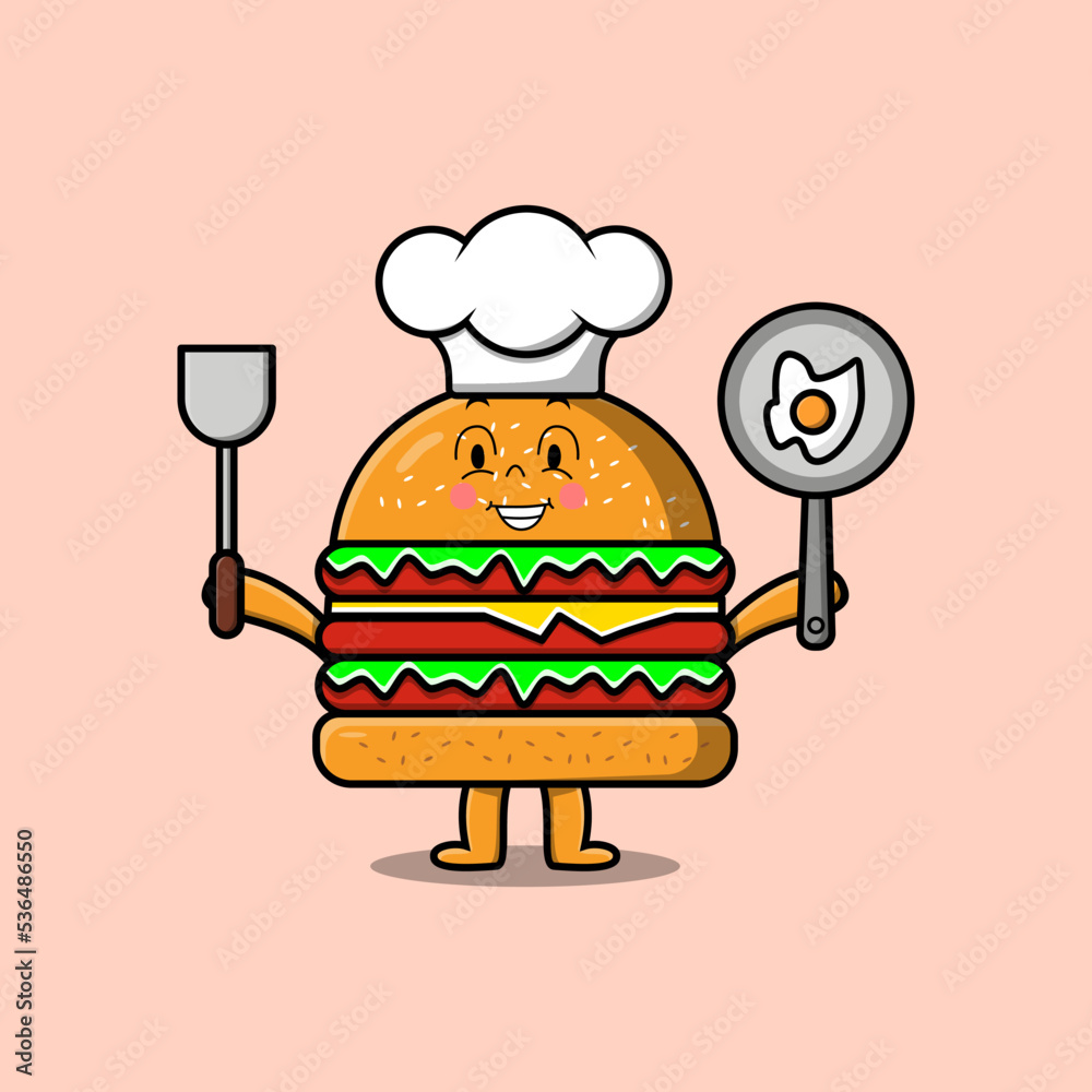 Cute cartoon Burger chef character holding pan and spatula in flat ...