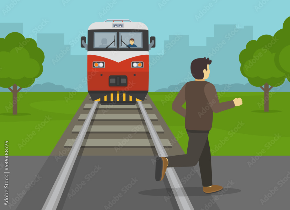 Railroad safety rules and tips. Young male character crossing the ...