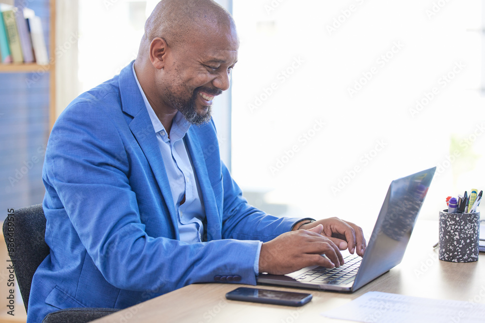 Business man, laptop and smile while typing communication, email or ...