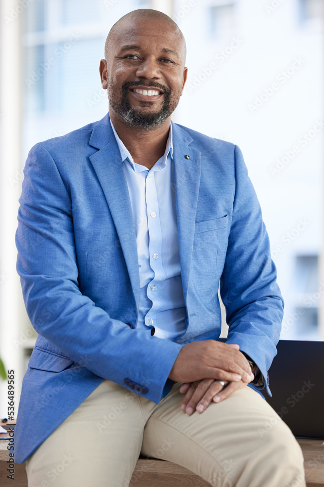 Black man, entrepreneur and businessman success in a office with proud ...