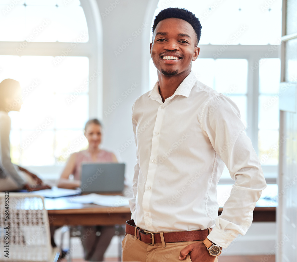 Black man, business and portrait of leader in a meeting with a smile ...