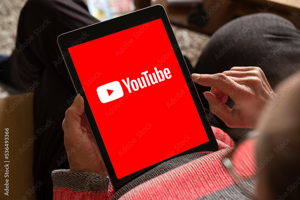 Youtube Logo Tablet Display Frau Hand Stock Photo | Adobe Stock