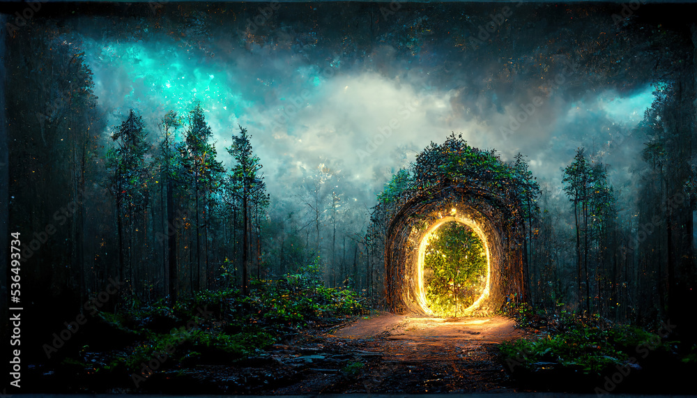 Spectacular fantasy scene with a portal archway covered in creepers. In ...
