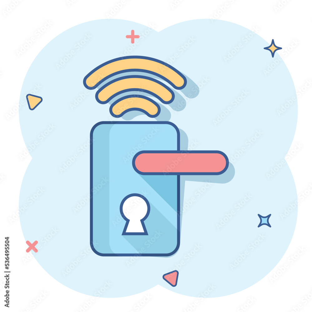 Wireless door lock sign icon in comic style. Smart home vector cartoon ...