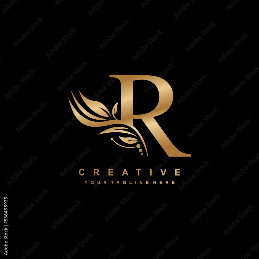 gold letter R logo design with luxurious and beautiful leaf ornament. R ...
