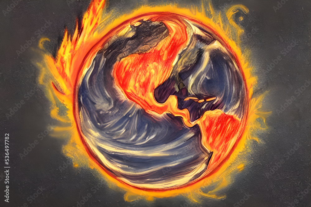 Burning earth globe west hemisphere painted by a child with crayons ...