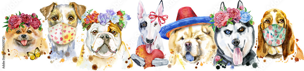Border from watercolor portraits of dogs for decoration Stock ...