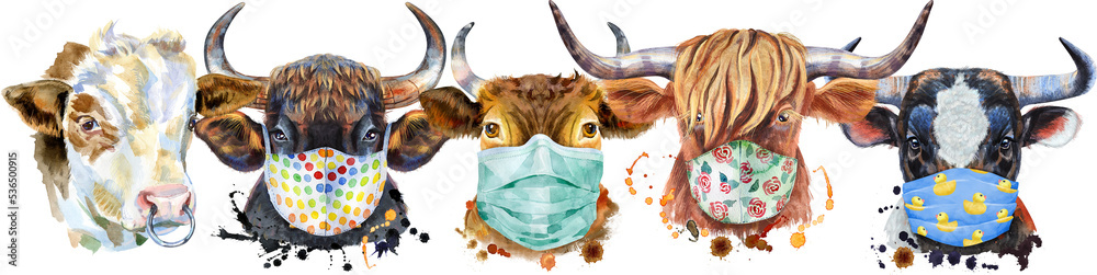 Border from watercolor portraits of bulls for decoration Stock ...