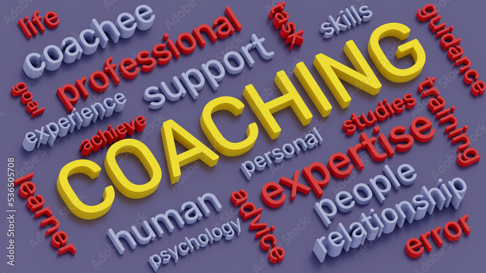 COACHING word and terms cloud top isometric view background. 3d ...