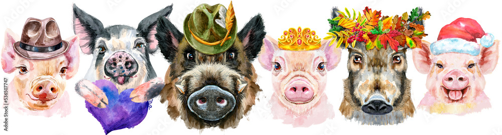 Border from pigs. Watercolor portraits of pigs and boars Stock ...