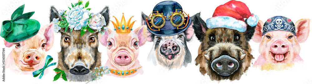 Border from pigs. Watercolor portraits of pigs and boars Stock ...
