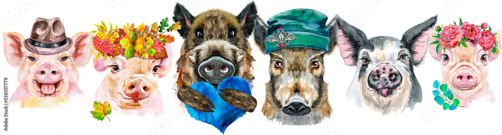 Border from pigs. Watercolor portraits of pigs and boars Stock ...