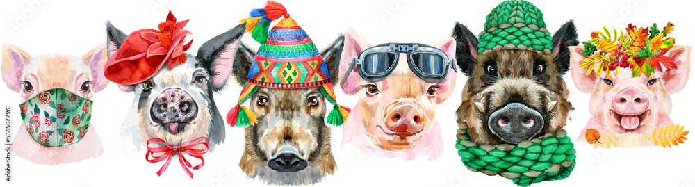 Border from pigs. Watercolor portraits of pigs and boars Stock ...