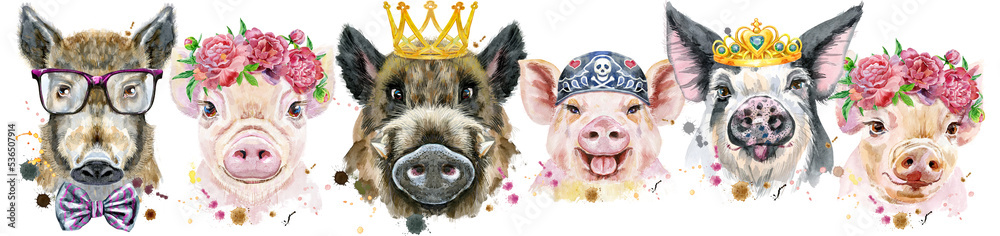 Border from pigs. Watercolor portraits of pigs and boars Stock ...
