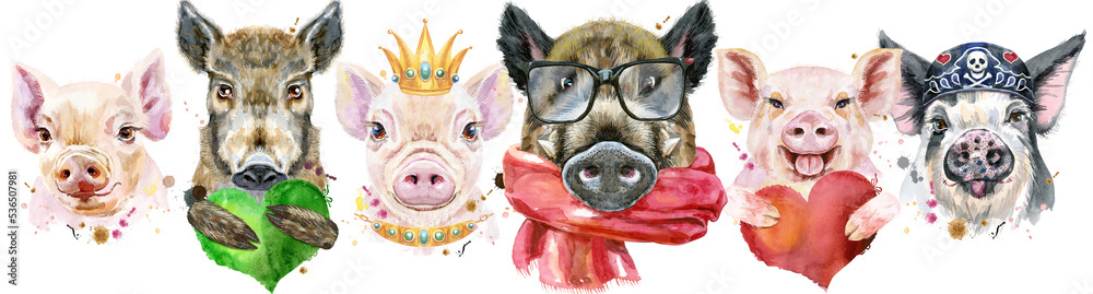 Border from pigs. Watercolor portraits of pigs and boars Stock ...