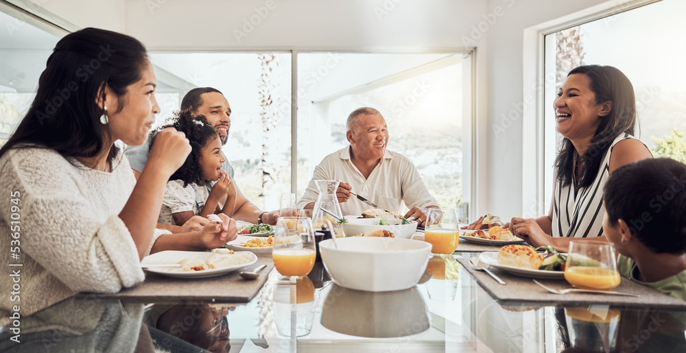 Family, grandparents and children eating breakfast together in the ...