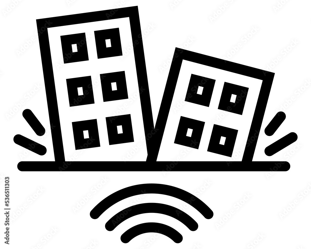 black earthquake icon with falling buildings. flat vector illustration ...