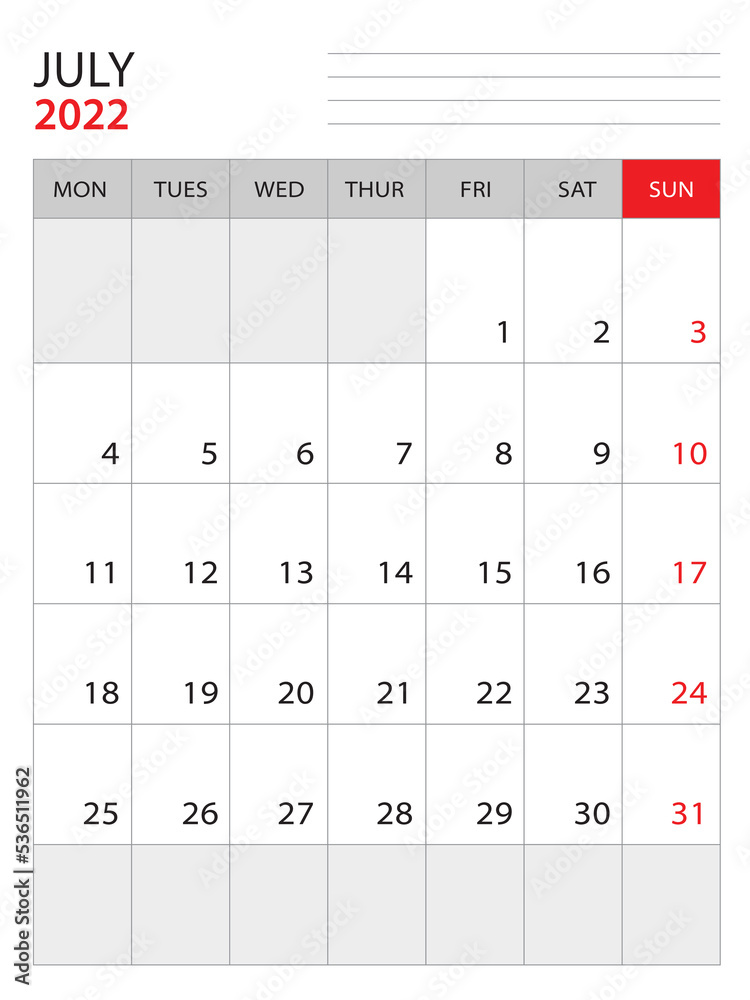 July Calendar 2022 Template