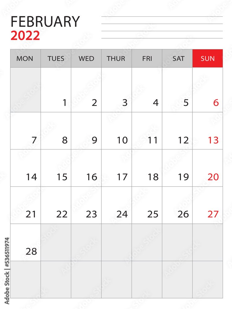 February 2022-Calendar 2022 template vector illustration, week start on ...
