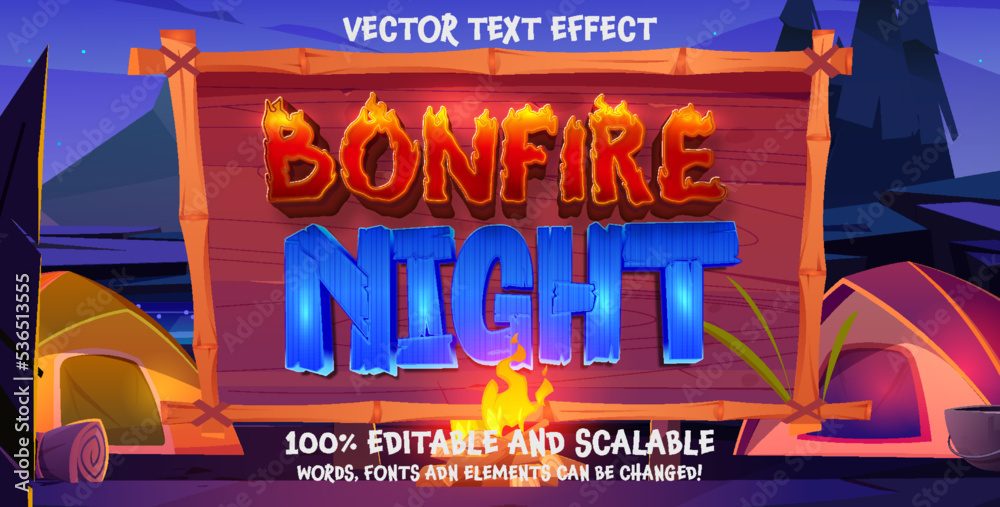 Vecteur Stock Bonfire night festival text, autumn camp style font ...