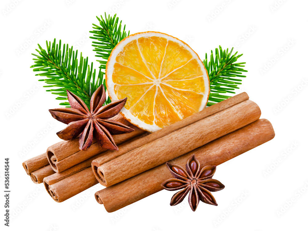 Foto de Dekoration für Weihnachten mit Zimtstangen, Orangen, Anis und ...
