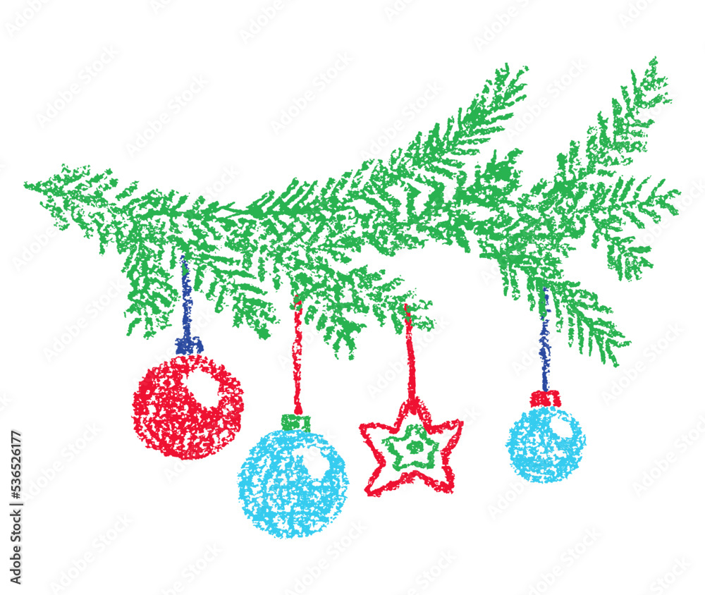 Christmas decor balls and fir branch. Holiday tree and snow. Hand ...