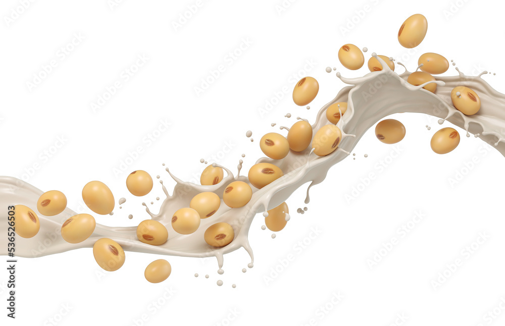 Soy milk pouring and Splash with Soy beans, 3d rendering. Stock Illustration | Adobe Stock