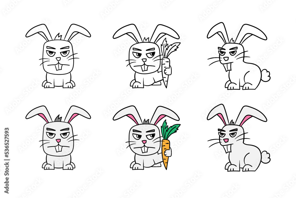 Funny angry rabbit. Set of black and white and colored rabbits on a ...