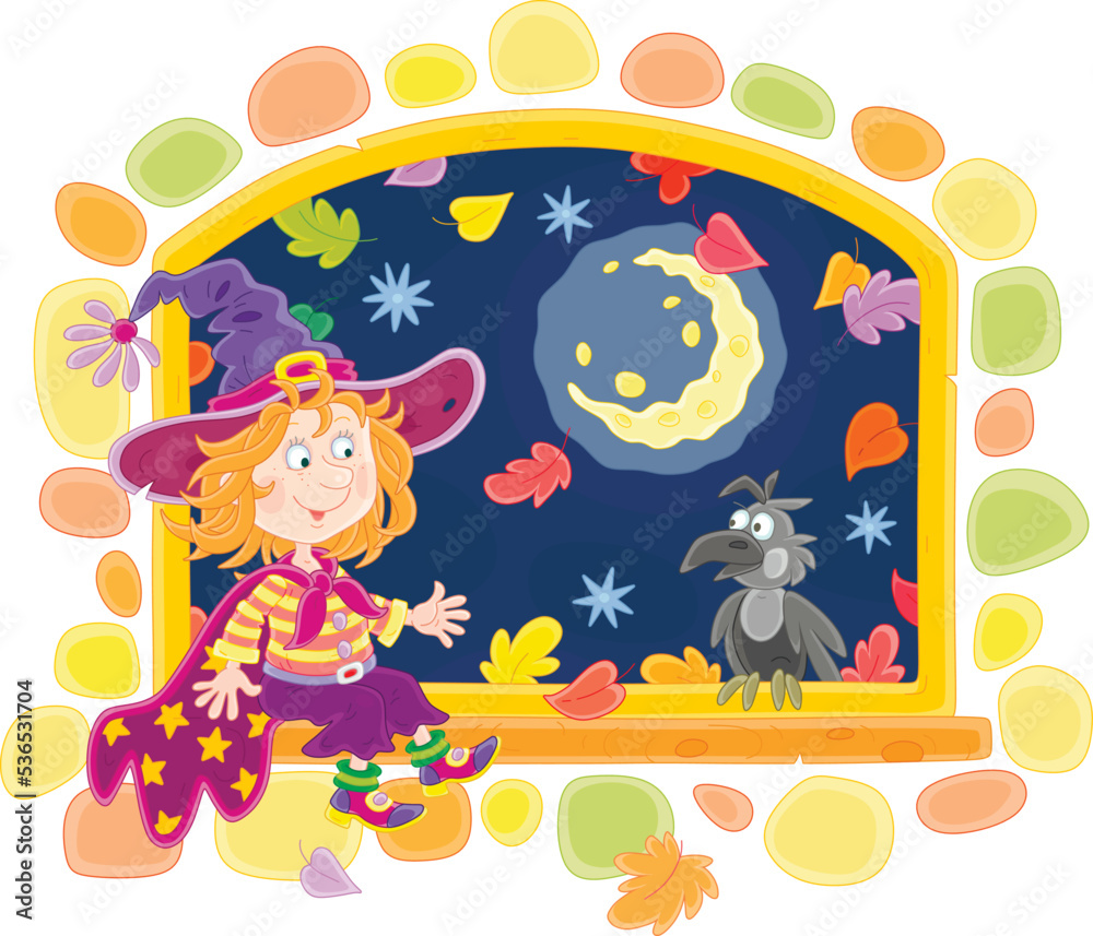 Happy little witch sitting on a windowsill of an open window and ...