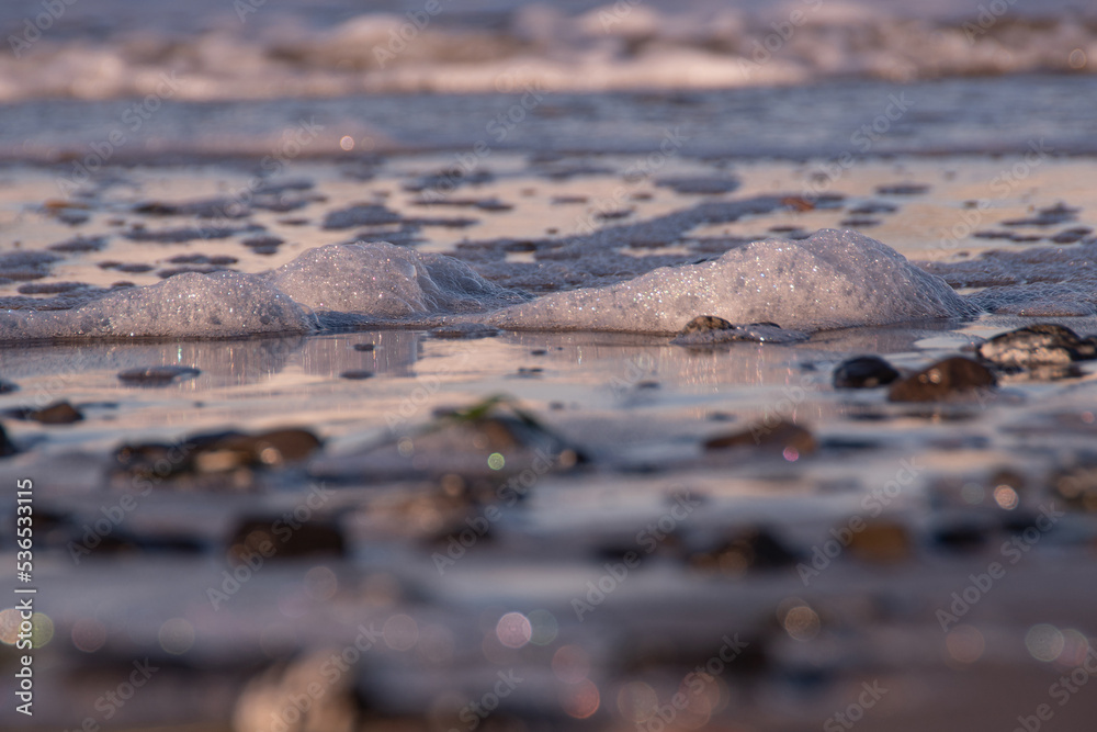 stones on the beach with small foam crowns, steine am strand mit ...