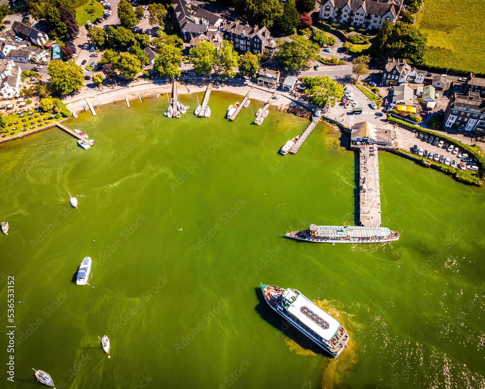 Aerial view of Waterhead and Ambleside in Lake District, a region and ...