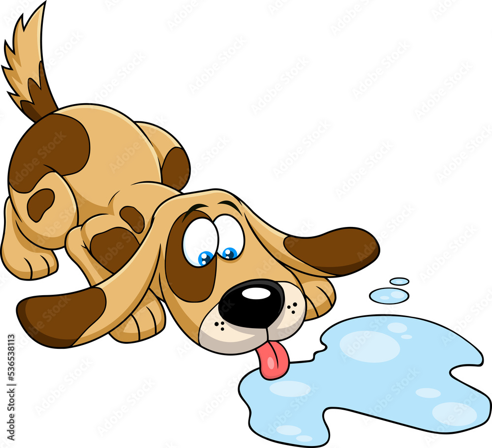 Cute Dog Cartoon Character Drinking From A Puddle Of Water. Hand Drawn ...