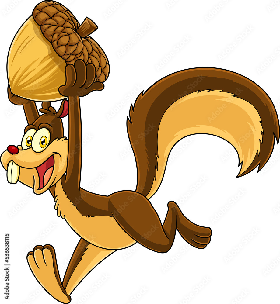 Outlined Happy Squirrel Cartoon Mascot Character Running With Acorn ...