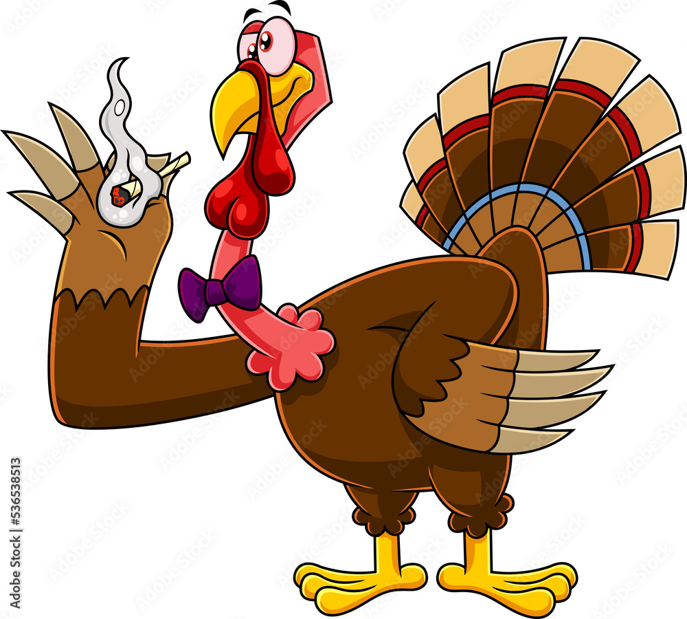 Funny Turkey Bird Cartoon Characters Smoking A Joint. Hand Drawn ...