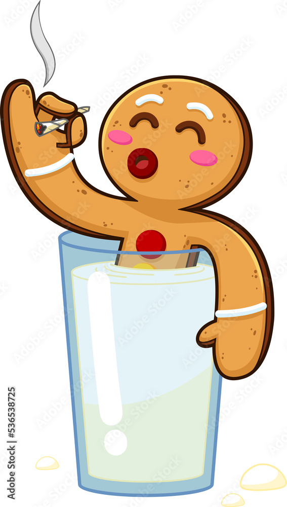 Happy Gingerbread Man Cartoon Character In A Glass Of Milk Smoking A ...