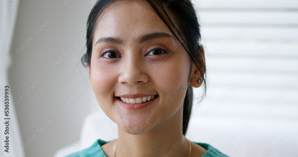 Young asia teen girl college influencer vlogger look at camera happy ...