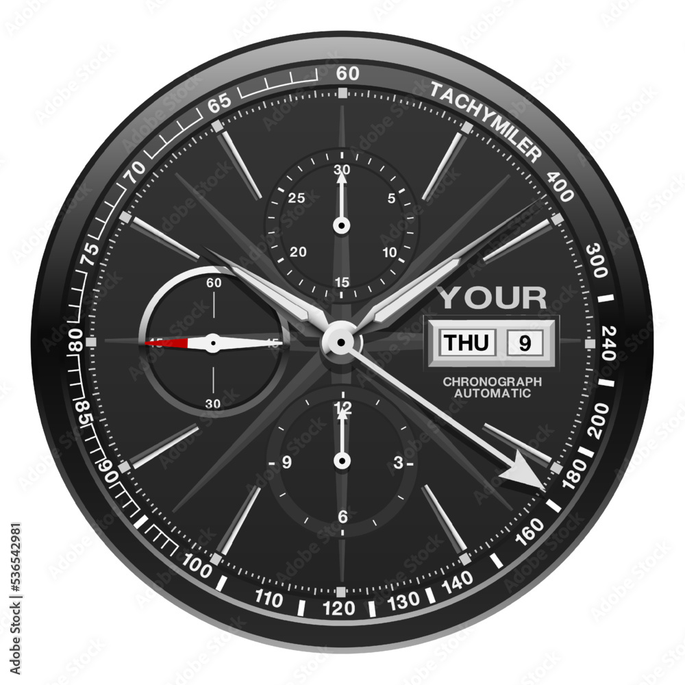 Realistic black grey metallic clock watch face chronograph luxury on ...